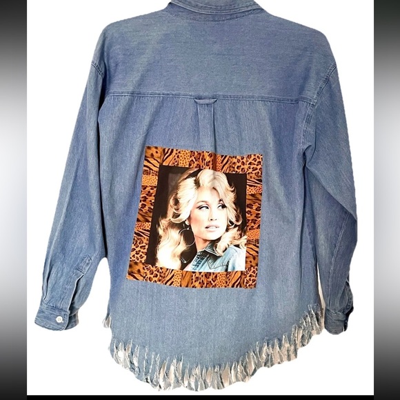 AMRAV | Tops | Dolly Parton Applique Denim Shirt Fringe Jacket Long ...